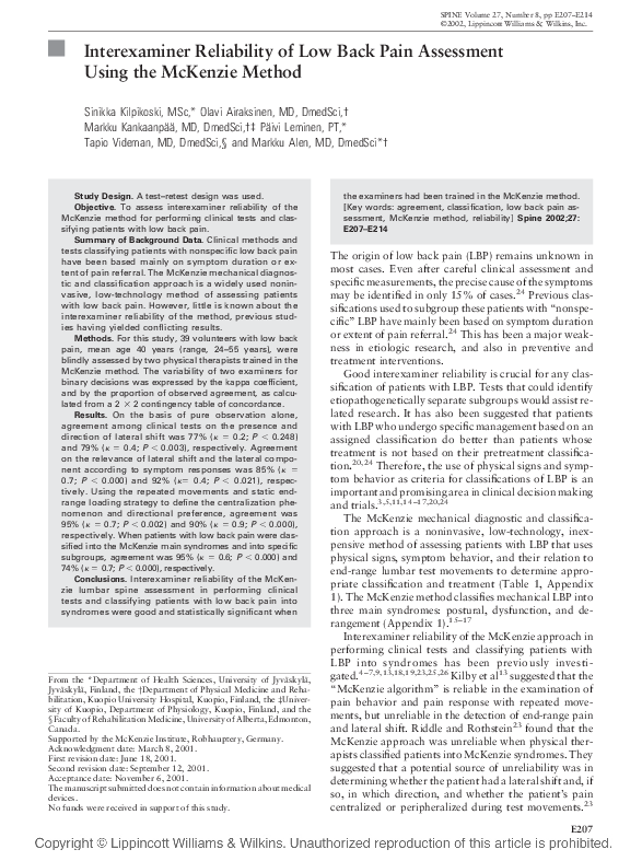 (PDF) Interexaminer Reliability of Low Back Pain Assessment Using the ...