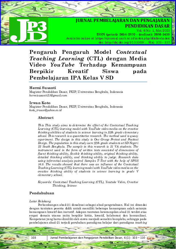 (PDF) Pengaruh Pengaruh Model Contextual Teaching Learning (CTL) dengan Media Video YouTube ...