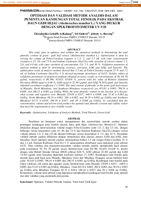 (PDF) OPTIMASI DAN VALIDASI METODE ANALISIS DALAM PENENTUAN KANDUNGAN ...