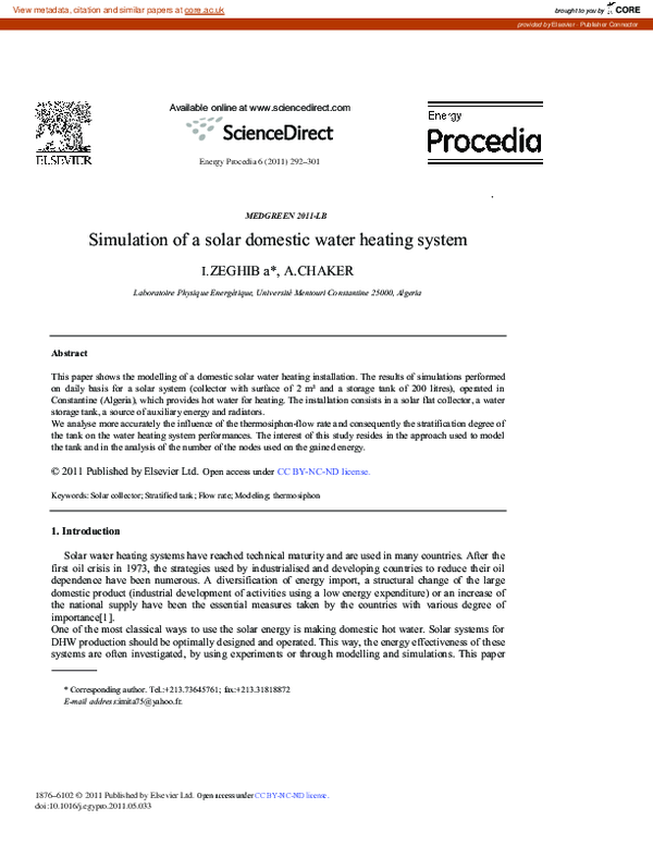 (PDF) Simulation of a solar domestic water heating system