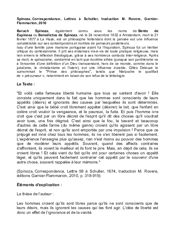 (PDF) Explication et commentaire de la lettre à Schuller de Spinoza sur la liberté