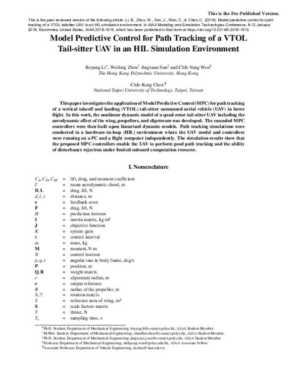 (PDF) MPC for VTOL Tailsitter UAV Path Tracking