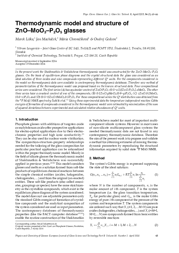 (PDF) Thermodynamic model and structure of ZnO–MoO3–P2O5 glasses ...