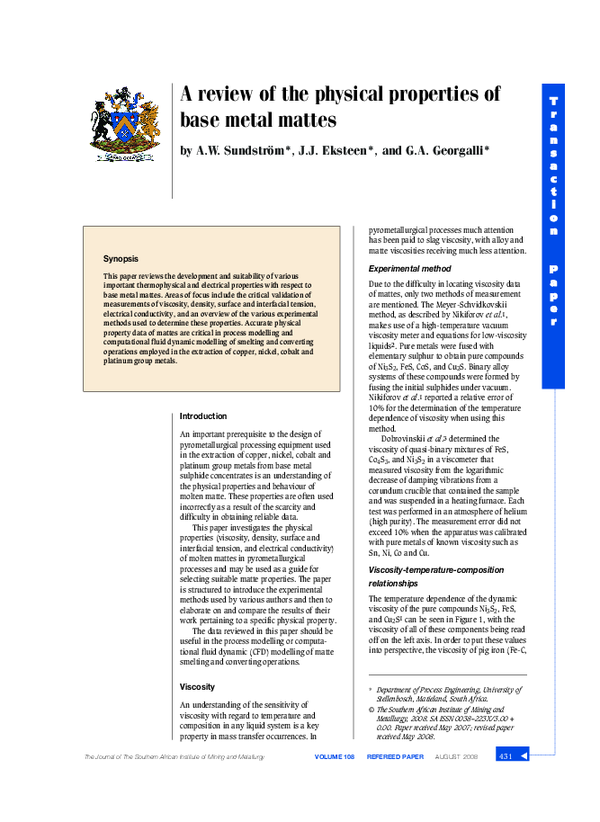 (PDF) A review of the physical properties of base metal mattes
