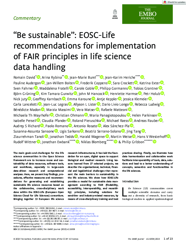 (PDF) "Be sustainable": EOSC-Life recommendations for implementation of FAIR principles in life ...
