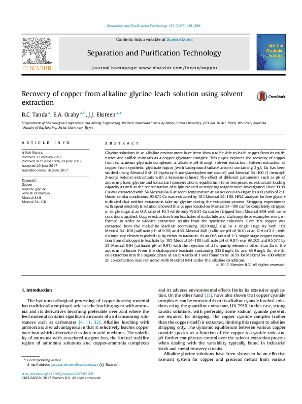 (PDF) Recovery of copper from alkaline glycine leach solution using ...