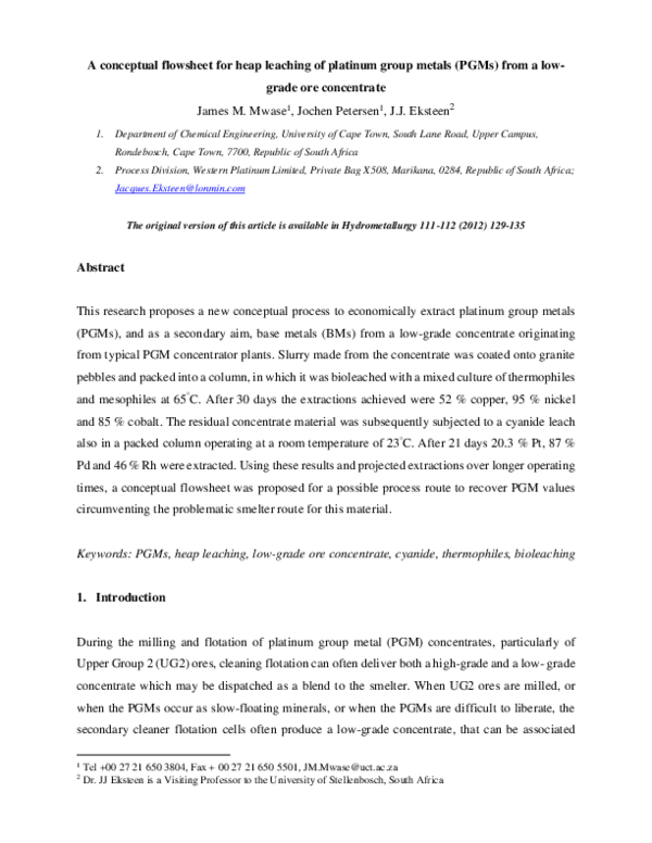 (PDF) A conceptual flowsheet for heap leaching of platinum group metals (PGMs) from a low-grade ...