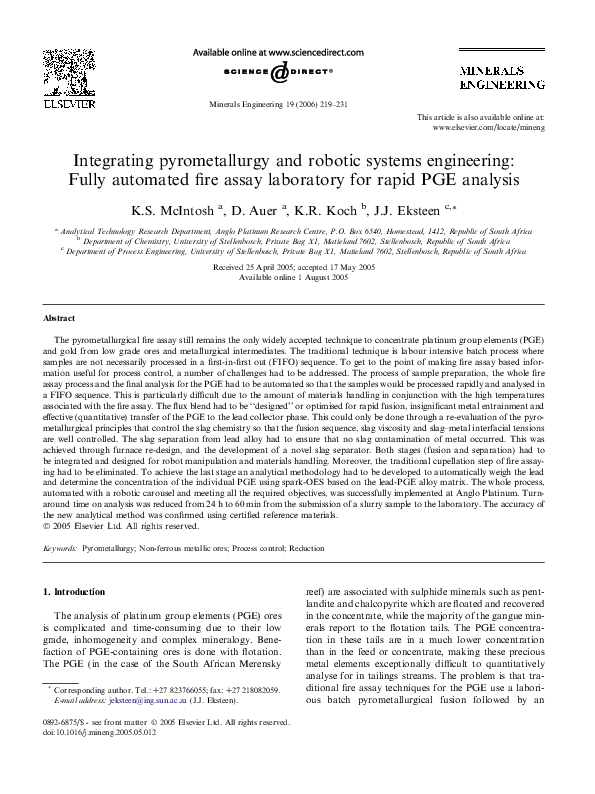 (PDF) Integrating pyrometallurgy and robotic systems engineering: Fully automated fire assay ...