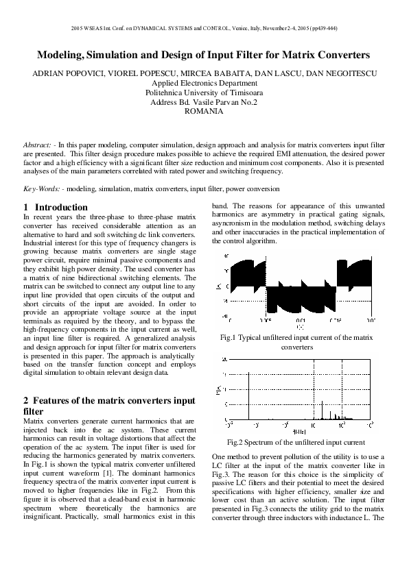 (PDF) Modeling, simulation and design of input filter for matrix converters
