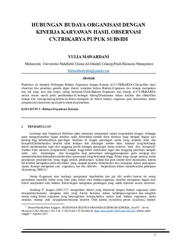 (PDF) HUBUNGAN BUDAYA ORGANISASI DENGAN KINERJA KARYAWAN HASIL OBSERVASI CV.TRIKARYA PUPUK SUBSIDI