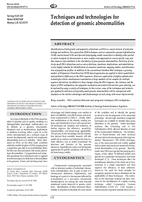 (PDF) Techniques and technologies for detection of genomic abnormalities