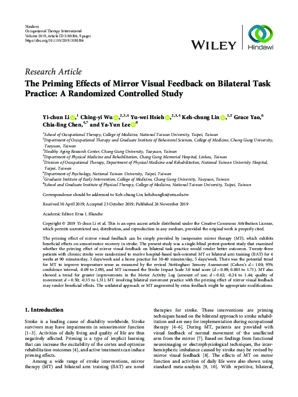 (PDF) The Priming Effects of Mirror Visual Feedback on Bilateral Task ...