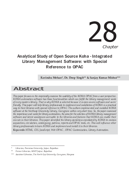 (PDF) Analytical Study of Open Source Koha -Integrated Library Management Software: with Special ...