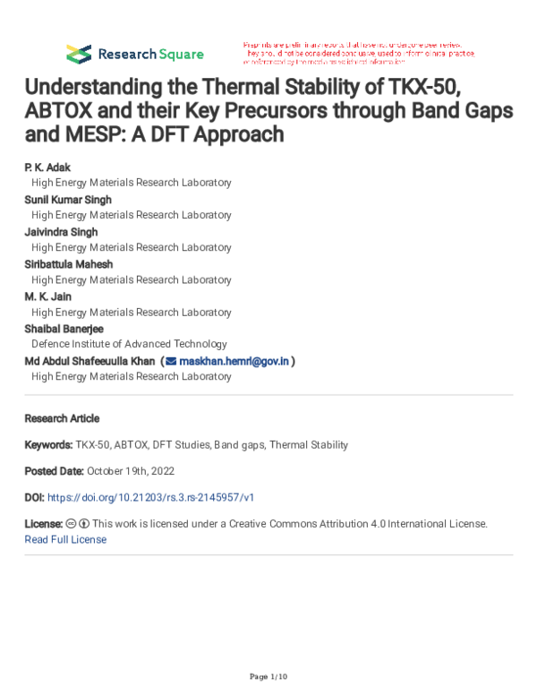 (PDF) Understanding the Thermal Stability of TKX-50, ABTOX and their Key Precursors through Band ...