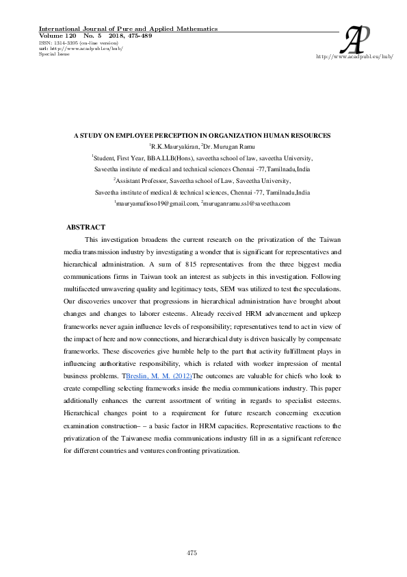 (PDF) A Study on Employee Perception in Organization Human Resources