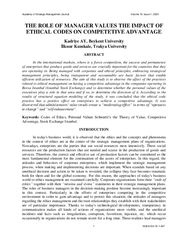 (PDF) The Role of Manager Values the Impact of Ethical Codes on ...