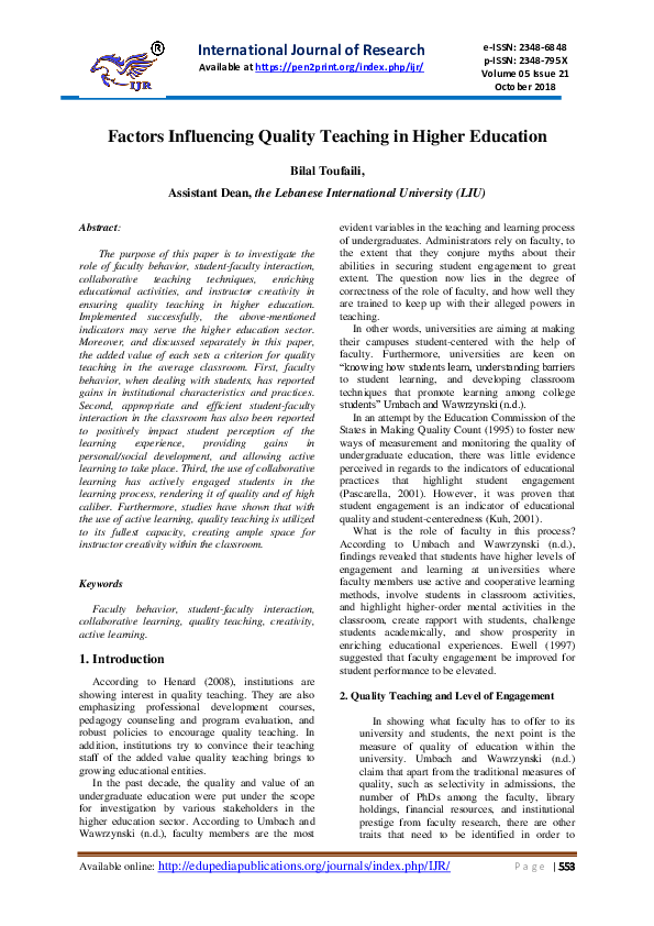 (PDF) Factors Influencing Quality Teaching in Higher Education