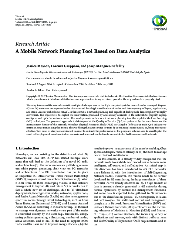 (PDF) A Mobile Network Planning Tool Based on Data Analytics