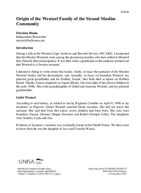 (PDF) The Origin of the Wentzel family of the Strand Muslim Community