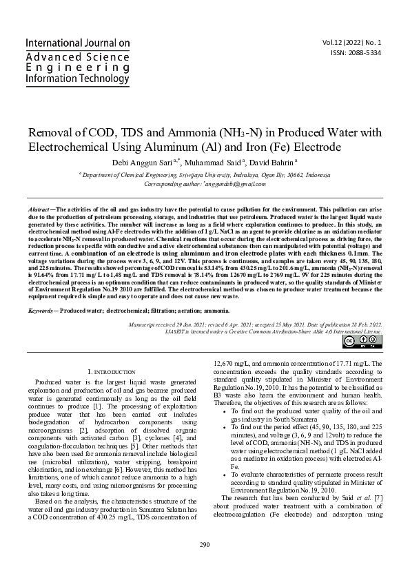 (PDF) Removal of COD, TDS and Ammonia (NH3-N) in Produced Water with Electrochemical Using ...