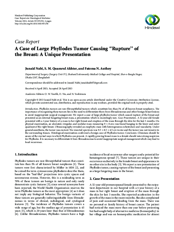 (PDF) A Case of Large Phyllodes Tumor Causing “Rupture” of the Breast ...