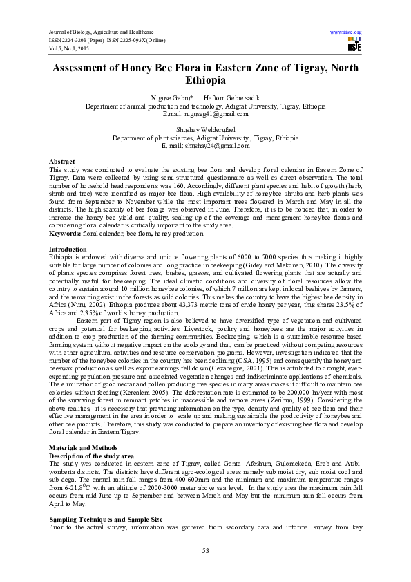 (PDF) Assessment of Honey Bee Flora in Eastern Zone of Tigray, North ...