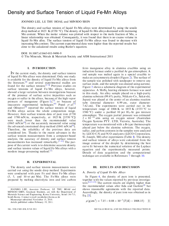 (PDF) Density and Surface Tension of Liquid Fe-Mn Alloys