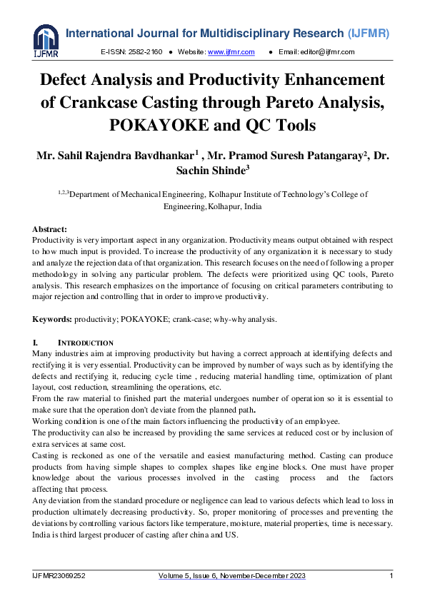 (PDF) Defect Analysis and Productivity Enhancement of Crankcase Casting through Pareto Analysis ...