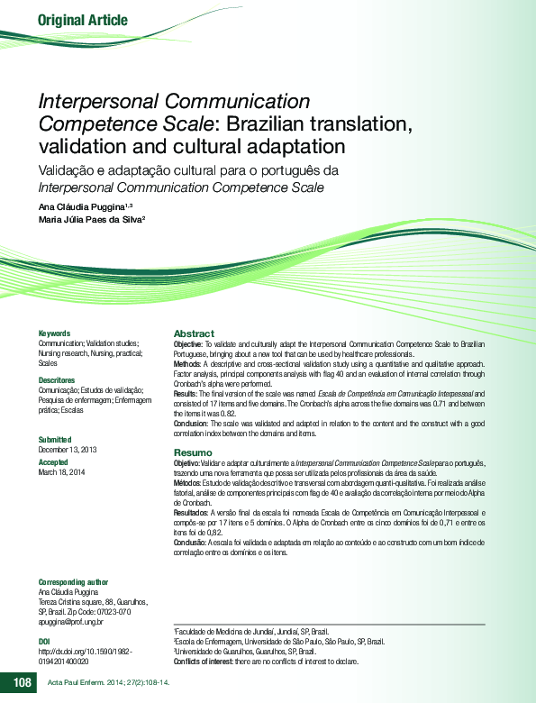 (PDF) Interpersonal Communication Competence Scale: Brazilian translation, validation and ...