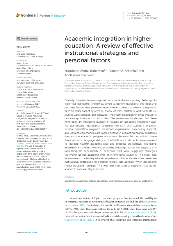 (PDF) Academic integration in higher education: A review of effective ...