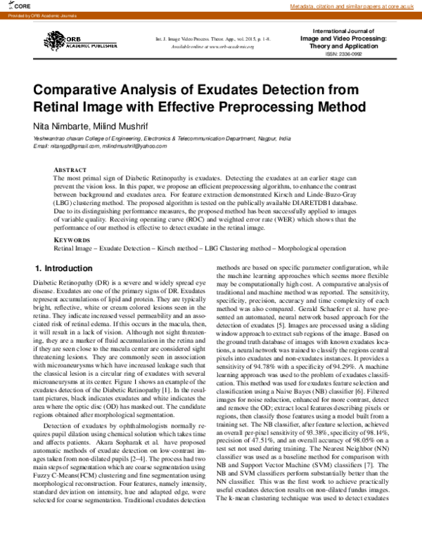 Pdf Comparative Analysis Of Exudates Detection From Retinal Image