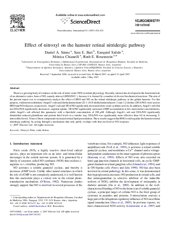 Pdf Effect Of Nitroxyl On The Hamster Retinal Nitridergic Pathway Ruth Rosenstein