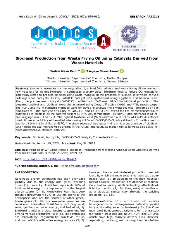 (PDF) Biodiesel Production from Waste Frying Oil using Catalysts Derived from Waste Materials