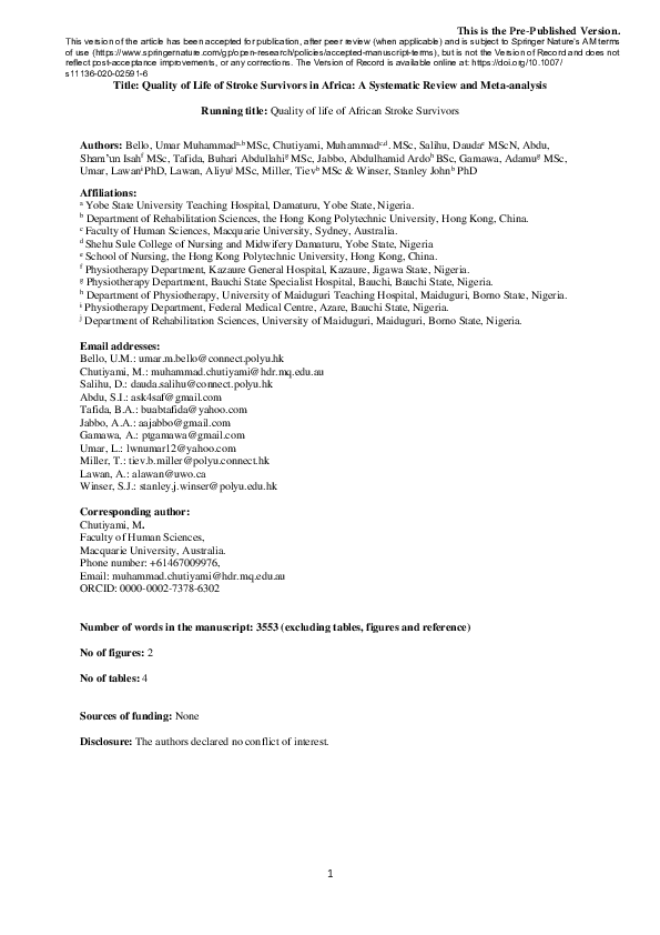 (PDF) Quality of life of stroke survivors in Africa: a systematic ...