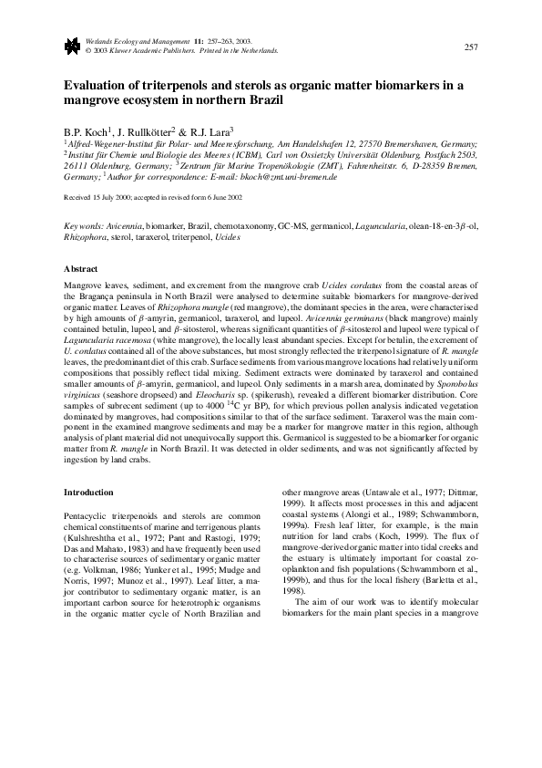 (PDF) Evaluation of triterpenols and sterols as organic matter biomarkers in a mangrove ...