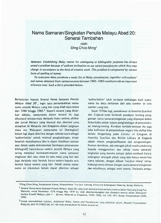 (PDF) Nama Samaran/Singkatan Penulis Melayu Abad 20: Senarai Tambahan ...