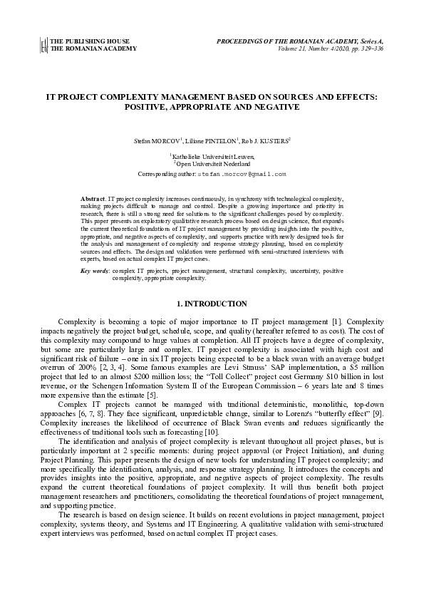 (PDF) IT project complexity management based on sources and effects: positive, appropriate and ...