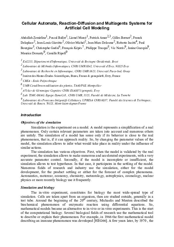 (PDF) Cellular automata, reaction-diffusion and multiagents systems for artificial cell ...