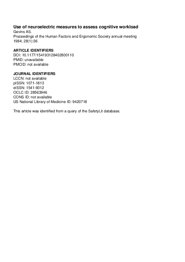 (PDF) Use of Neuroelectric Measures to Assess Cognitive Workload