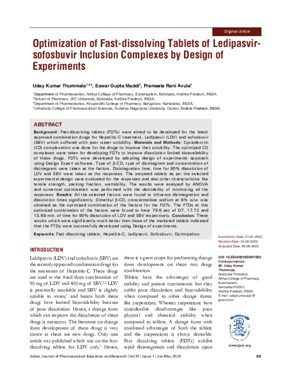 (PDF) Optimization of Fast-dissolving Tablets of Ledipasvirsofosbuvir ...