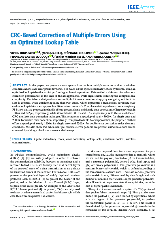 (PDF) CRC-Based Correction of Multiple Errors Using an Optimized Lookup Table