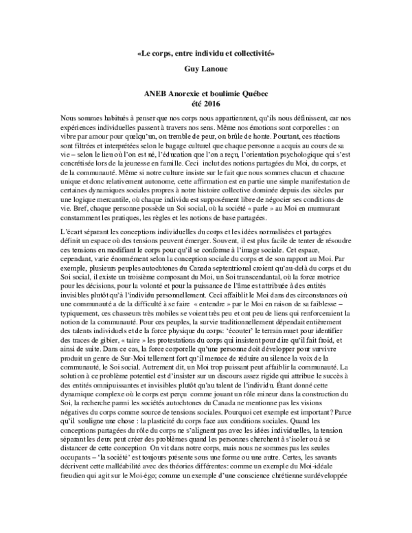 (PDF) Le corps, entre individu et collectivité