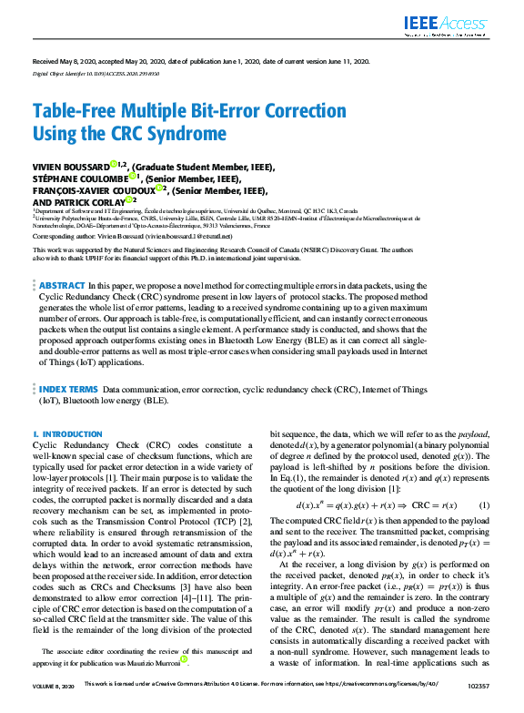 Pdf Table Free Multiple Bit Error Correction Using The Crc Syndrome François Xavier Coudoux