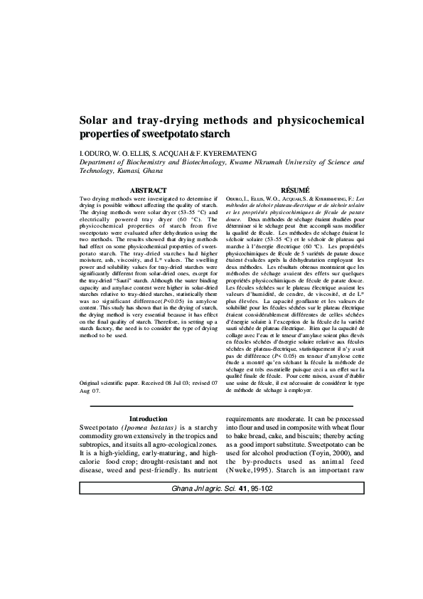 (PDF) Solar and tray-drying methods and physicochemical properties of sweetpotato starch