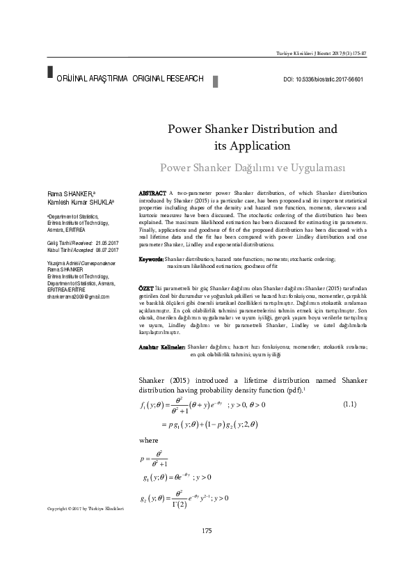 (PDF) Power Shanker Distribution and its Application