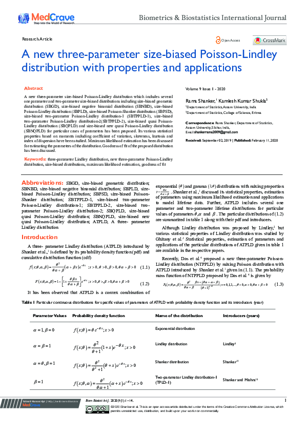 (PDF) A new three-parameter size-biased poisson-lindley distribution with properties and ...