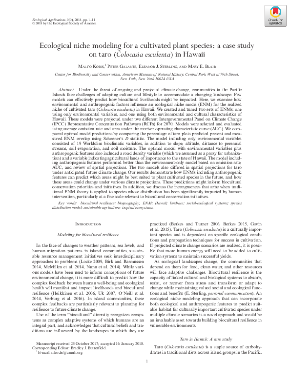 (PDF) Ecological niche modeling for a cultivated plant species: a case study on taro ( Colocasia ...