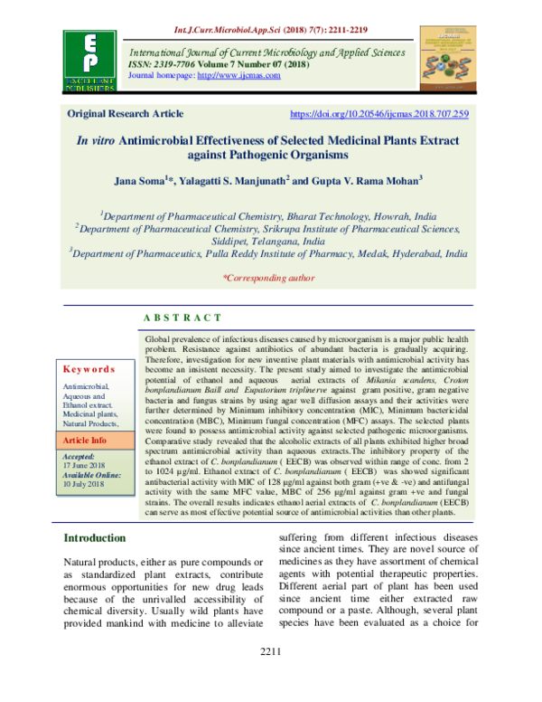 (PDF) In vitro Antimicrobial Effectiveness of Selected Medicinal Plants Extract against ...
