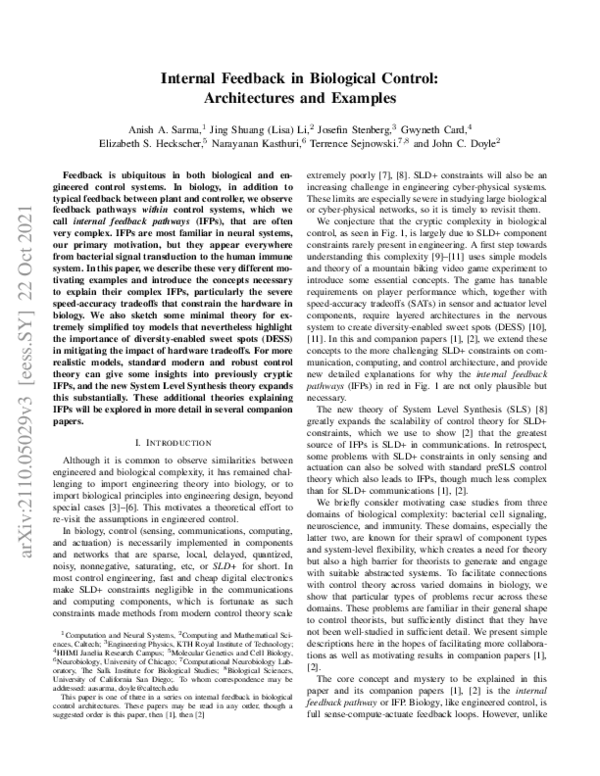 (PDF) Internal Feedback in Biological Control: Architectures and Examples
