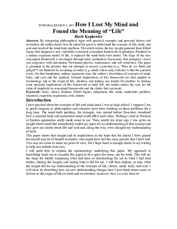 (DOC) How I Lost My Mind and Found the Meaning of "Life"